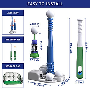 QDRAGON 2 in 1 T Ball Sets for Kids 3-5 5-8, Tee Ball Set with Automatic Pitching Machine/Adjustable Batting Bat & Stand/6 Balls, Baseball Toys Outdoor Sport for Toddlers Boys, Blue