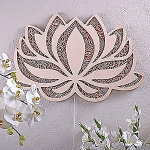 Mandala Yoga Room Night Light LED Multi-Layer Laser Cut Carved Light LED Elegant Wooden Mandala Hanging Light (Lotus)