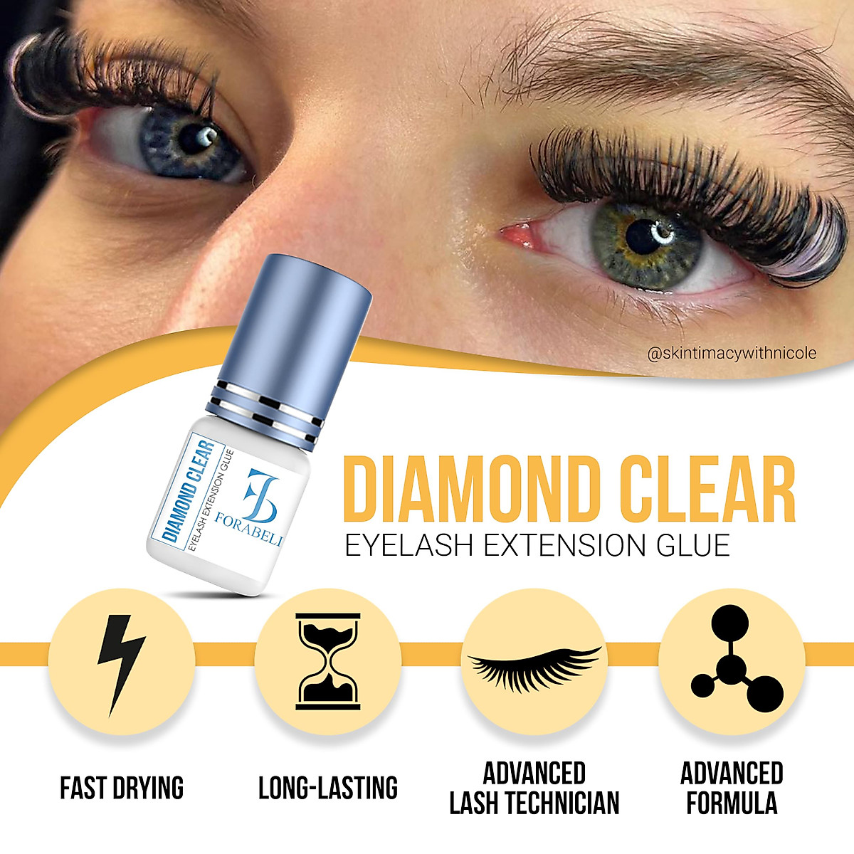 Forabeli Diamond Clear Lash Extension Glue - 2-3 Sec Dry, 6 Week Retention, Flawless Color Blending, Transparent Adhesive for Colored Eyelash