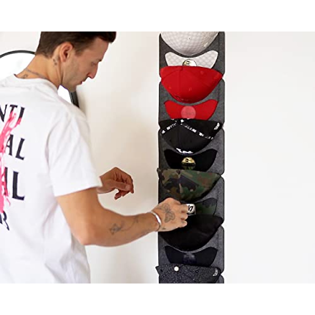 CT Design CapRack, The Original Fitted Cap Display, No Assembly Required Snapback Baseball Hat Organizer and Storage Solution, Lightweight Hat Rack for Flat Billed Caps. Dark Grey