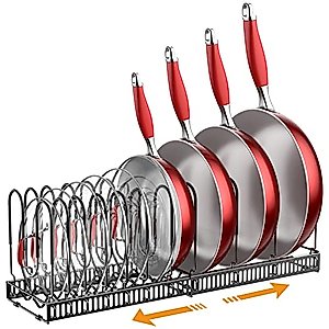 Pots and Pans Organizer, MUDEELA 11 Expandable Pot or Lid Holder, Organizer Rack for Cabinet with 11 Adjustable Dividers,Space-saving Kitchen Organizer Suitable for Pan Drawer, Counter Top, Cupboard