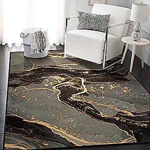 Modern Abstract Collection Area Rug - 3' x 5' Washable Entryway Rug Non-Slip Luxury Marble Texture Area Rug for Bedroom Dining Room Home Office Decor Under Kitchen (Brown/Gold)