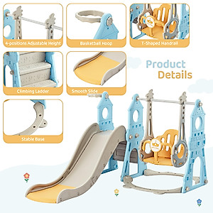 4-in-1 Toddler Slide and Swing Set with Extra Large Playground, Basketball Hoop & Climber, Indoor/Outdoor Playset, Castle Collection - Blue & Yellow