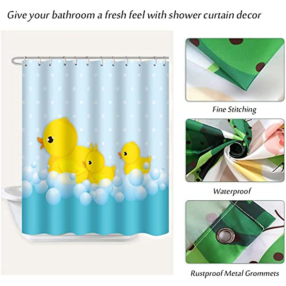 EARVO Cute Yellow Duck Taking Bath Shower Curtain 4Pcs Bath Sets with Non-Slip Rugs U-Shaped Mat Toilet Lid Cover for Kids Baby Bathroom Decor 71x72 inches Polyester Fabric 12 Hooks SETMYEA34