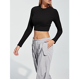 Trendy Queen Long Sleeve Shirt Women Ribbed Basic Cute Cropped Tight Slim Fitted Shirts Fall Fashion Y2k Crop Tops Teen Girls 2023 Trendy Black