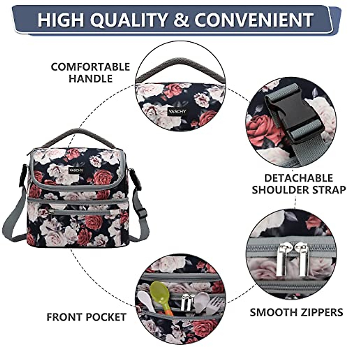 VASCHY Lunch Bag for Women, Insulated Lunch Box Leak-proof Cooler Bag in Dual Compartment Lunch Tote for Work 14 Cans Rose