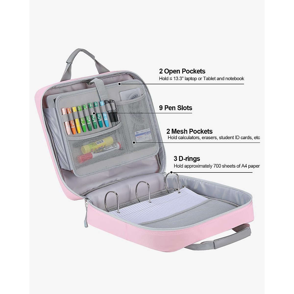 egiant 3 Inch 3 Ring Zipper Binder with Shoulder Strap & Durable Handle & Multi-Pocket - 3" Binder with Zipper for School Girl & Boy,Compatible with 13-Inch MacBook/Tablet-Patent Design Pink