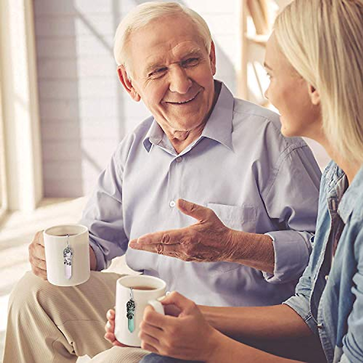 TeaSanavie 2 Pack Healing Crystal Pendant Loose Tea Steeper Tea Infusers Tea Strainers for Couple Gift,Antique Silver Flower Wrapped Natural Gemstone Hexagonal 18/8 Stainless Steel Fine Mesh Tea Ball