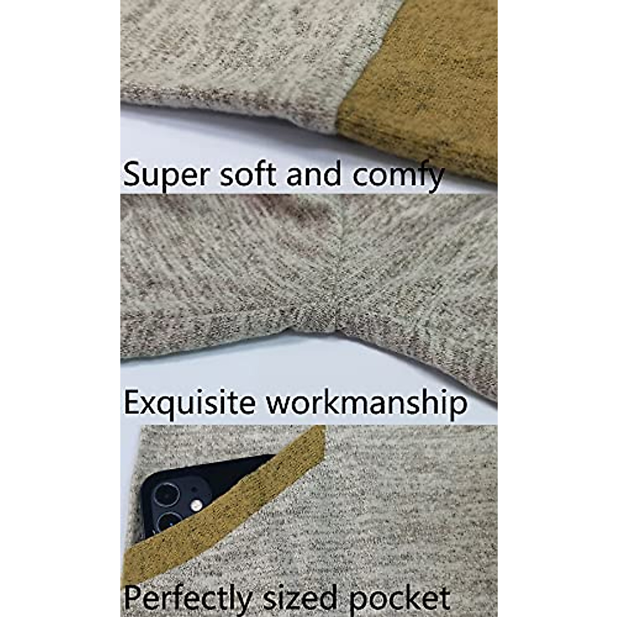 GADEWAKE Womens Casual Color Block Long Sleeve Round Neck Pocket T Shirts Blouses Sweatshirts Tops Khaki