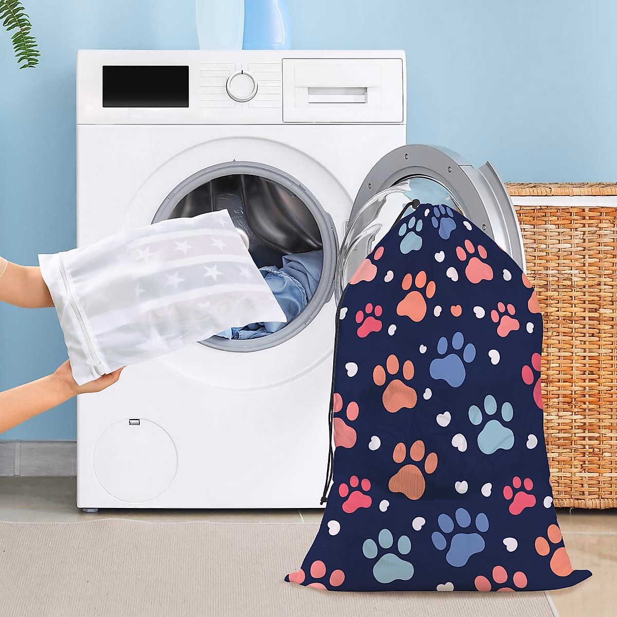 Colorful Cute Dog Paw Prints Laundry Bag Travel Mesh Laundry Bags Drawstring Large Laundry Basket Hamper Washable Lingerie Storage Net Bag for Delicates Camp Dirty Clothes Apartment Home