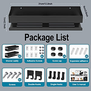 OJLUOJ Shower Caddy Storage 2 Pack Black Adhesive Stainless Steel Shower Shelves With 6 Holder Hooks Bath Organizers Bathroom Shower Rack