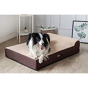 KOPEKS Jumbo Orthopedic Dog Bed - 7-inch Thick Memory Foam Pet Bed with Pillow with Removable Cover & Free Waterproof Liner - for Large Breed Dogs, XL, Brown-Plush Top