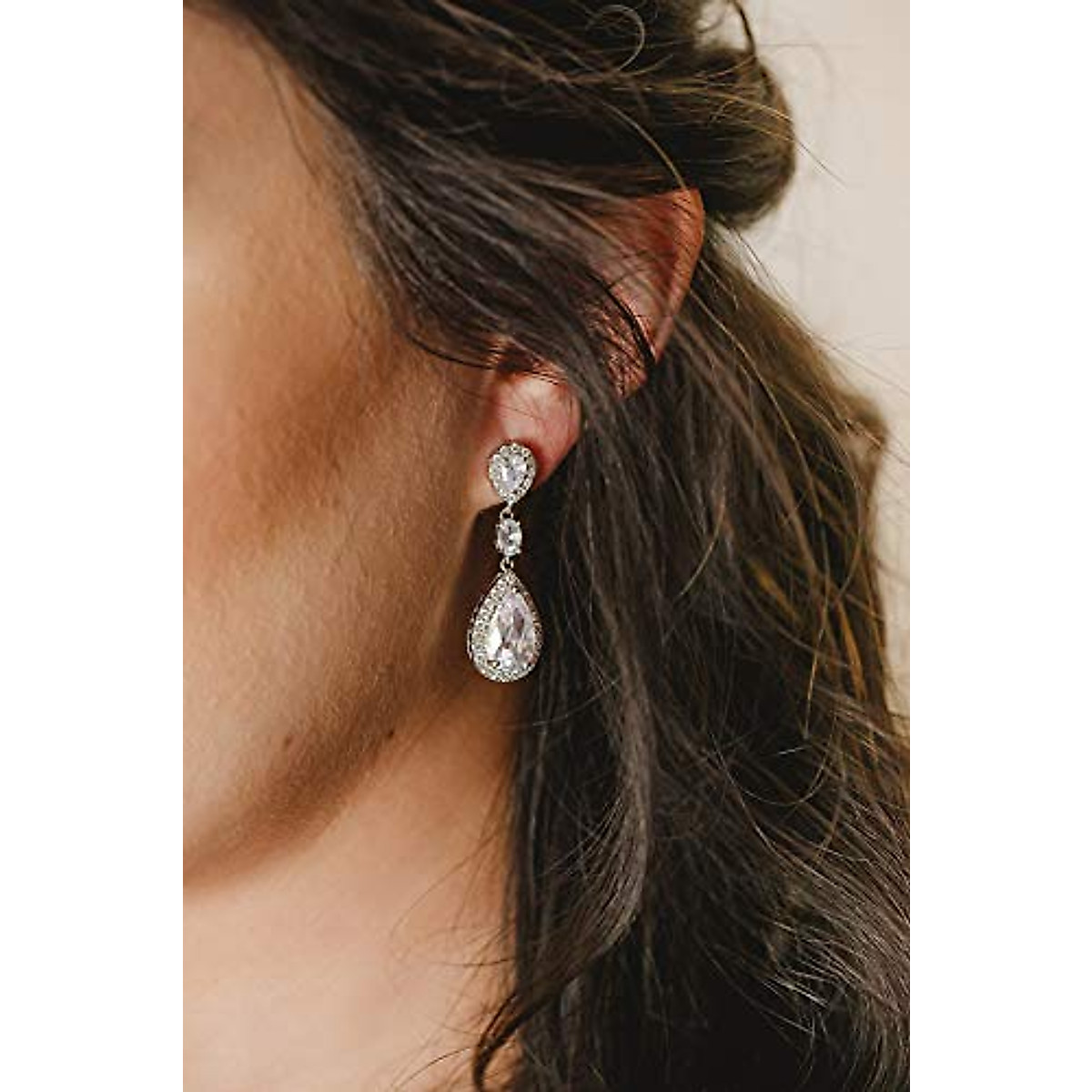 SWEETV Teardrop Wedding Bridal Earrings for Bridesmaids, Brides- Crystal Cubic Zirconia Rhinestones Dangle Earrings for Women, Prom Bridal Wedding Jewelry, Silver