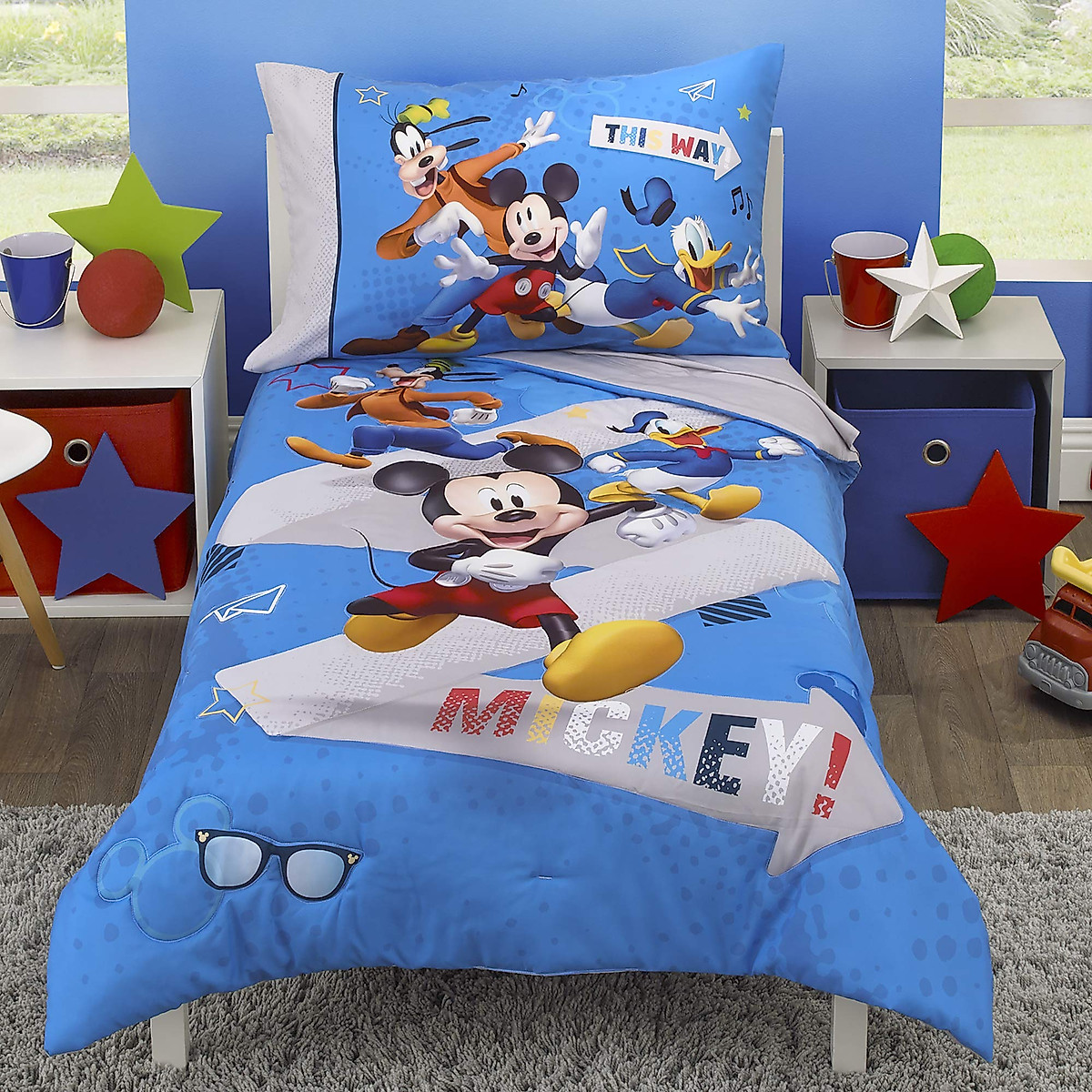Mickey Mouse Toddler Bedding Set - Disney Mickey Mouse and Pals 4 Piece Bedding Includes Fitted Sheet, Pillowcase, Top Sheet, and Comforter Quilt - Blue