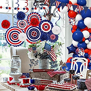 Ivenf Bunny Chorus 4th of July Decorations Set 62pcs: Red White Blue Independence Day Patriotic Decor, Large Paper Fans, Pom Poms, USA Flag Pennant Banner, Balloons, Star Streamer for Memorial Day