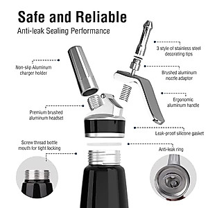 SimCoker Whipped Cream Dispenser, Aluminum Cream Whipper 500mL/1 Pint,3 Stainless Culinary Decorating Nozzles, 1 Brush, 1 Storage Bag, Homemade Cream Maker, N2O Chargers Not Included