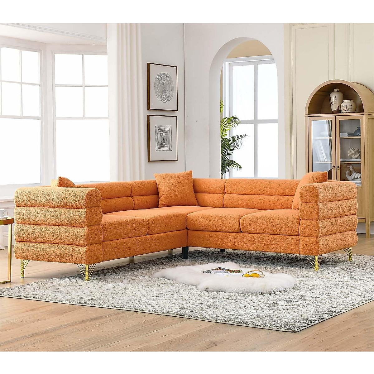 Antetek L-Shaped Sectional Couches, Modern Teddy Fabric Upholstered Chaise Lounge Sofa Couch with Square Arm and 4 Golden Metal Legs for Living Room, Office, Orange