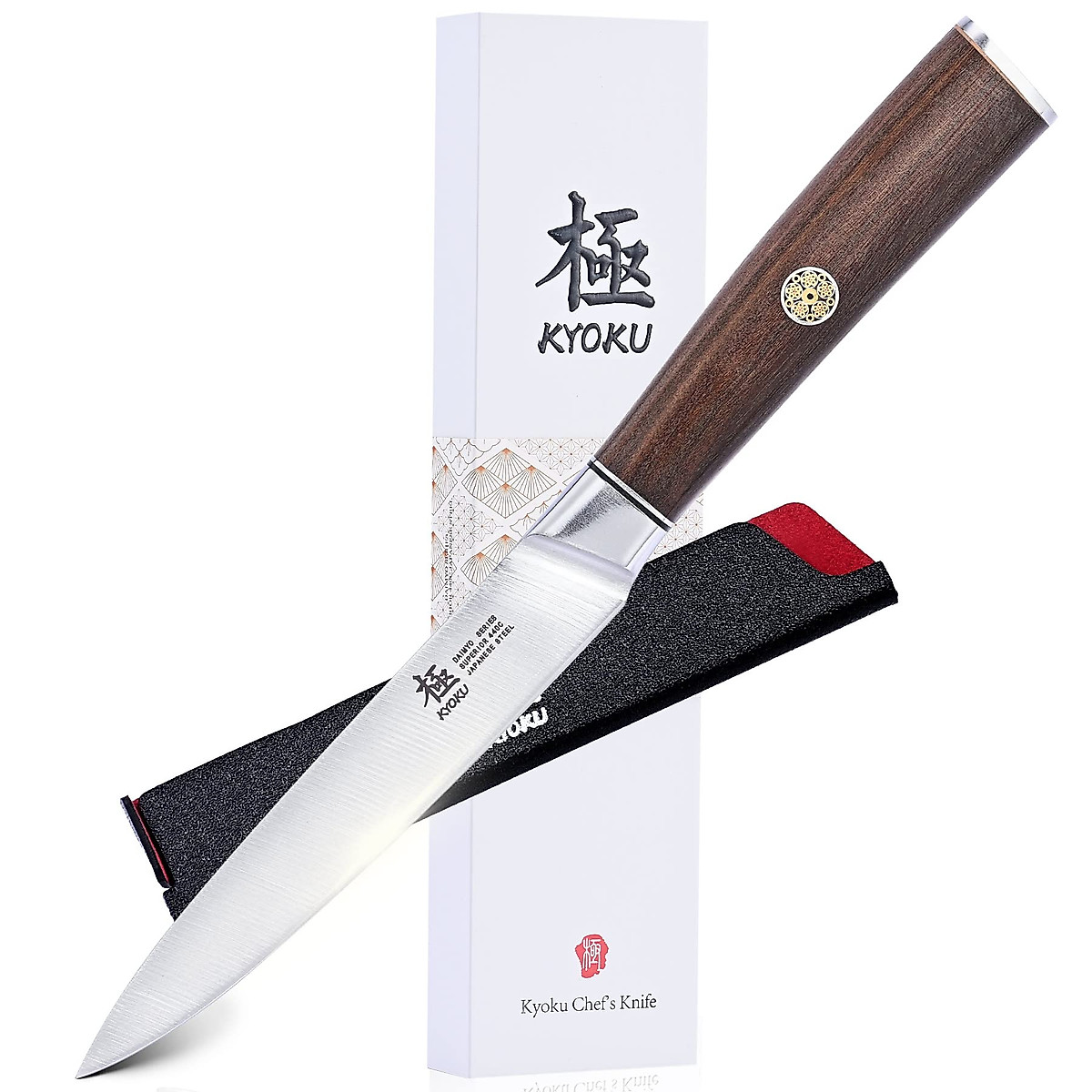 KYOKU 5 Inch Utility Knife - Daimyo Series - Multipurpose Chef Knife with Ergonomic Rosewood Handle, & Mosaic Pin - Japanese 440C Stainless Steel Kitchen Knife with Sheath & Case