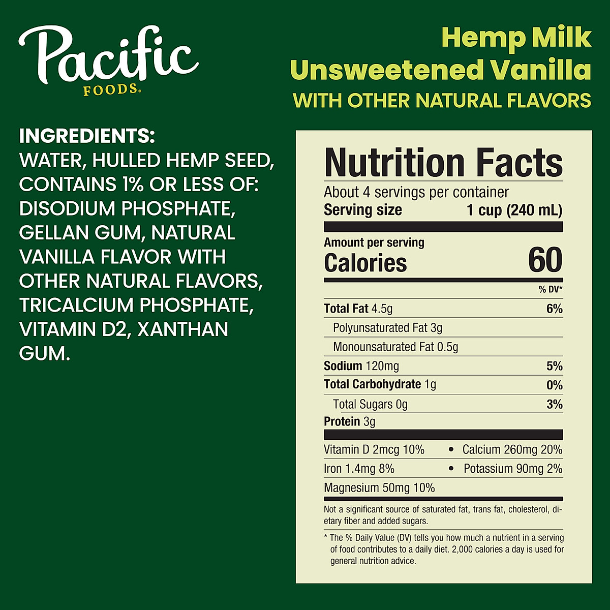 Pacific Foods Unsweetened Vanilla Hemp Milk, Plant Based Milk, 32 oz Carton