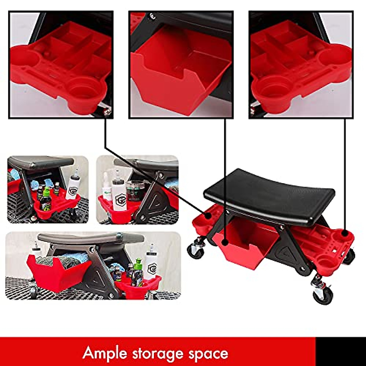 Flieeya Mechanic Stool Heavy Duty Roller Mechanics Seat Creeper Seat Garage Roller Car Detailing Stool Seat Garage Seats with Slide Out Tool Trays and Drawer, Brake Stool, 300 LB Capacity