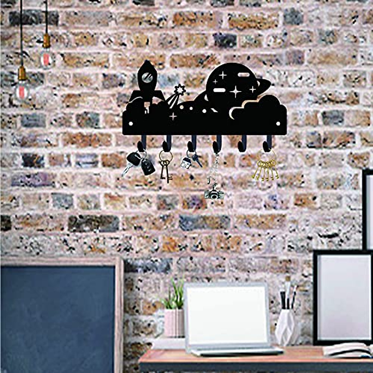 CREATCABIN Key Holder Metal Space Theme Universe Space Hook Hanger Wall Decorative Mounted Coat Hanger Design Organizer Rack with 6 Hooks for Wall, Bathroom, Kitchen, Entryway