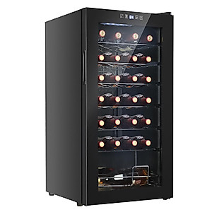 LEADZM 28 Bottle Freestanding Wine Fridge, Compressor Wine Cooler Refrigerator, Mini Wine Cellar for Red, White Wine and Champagne with Digital Temperature Control & Double-layered Glass Door