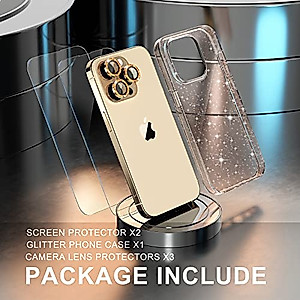 Choiche Compatible for iPhone 14 Pro Case Cute, Women Clear Glitter Bling Sparkly Case, [3 x Diamond Camera Lens Protectors] [2 x Tempered Glass Screen Protectors] 6.1-inch (Glitter Gold)
