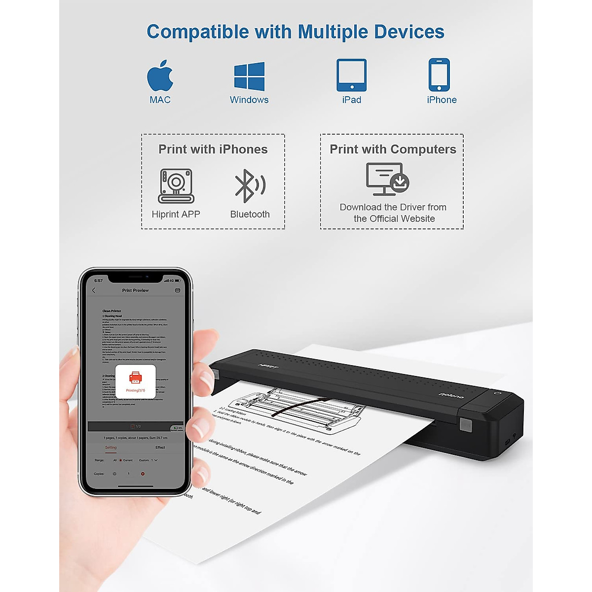 POLONO Portable Printer, MT800 2.0 Wireless Bluetooth Thermal Printer, Support 8.5" X 11" US Letter, Compatible with Android and iOS Thermal Ribbon Support MT800 (216mm) Portable Thermal Printer