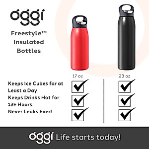 OGGI Freestyle Stainless Steel Insulated Water Bottle- Double Wall Vacuum Insulated, Travel Thermos, 23oz(680ml), Red