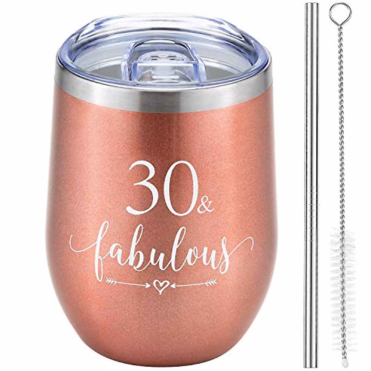 Crisky Rose Gold 30 & Fabulous Wine Tumbler for Women 30th Birthday Gifts for Women, Wife, Mom, Sister, Aunt, Friends, Coworker Her, Vacuum Insulated Coffee Cup,12oz with Box, Lid, Straw