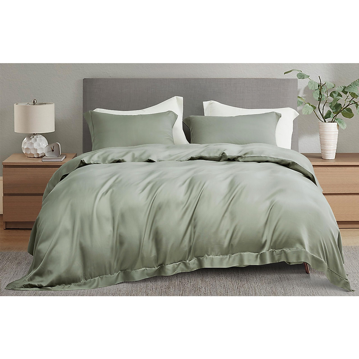Sterling Creek 100% Tencel Lyocell Duvet Cover Set Queen Size 3-Piece Set - Luxury Soft Breathable Silky Smooth Cooling Comforter Cover with Button Closure for Hot Sleepers (Queen, Eucalyptus)