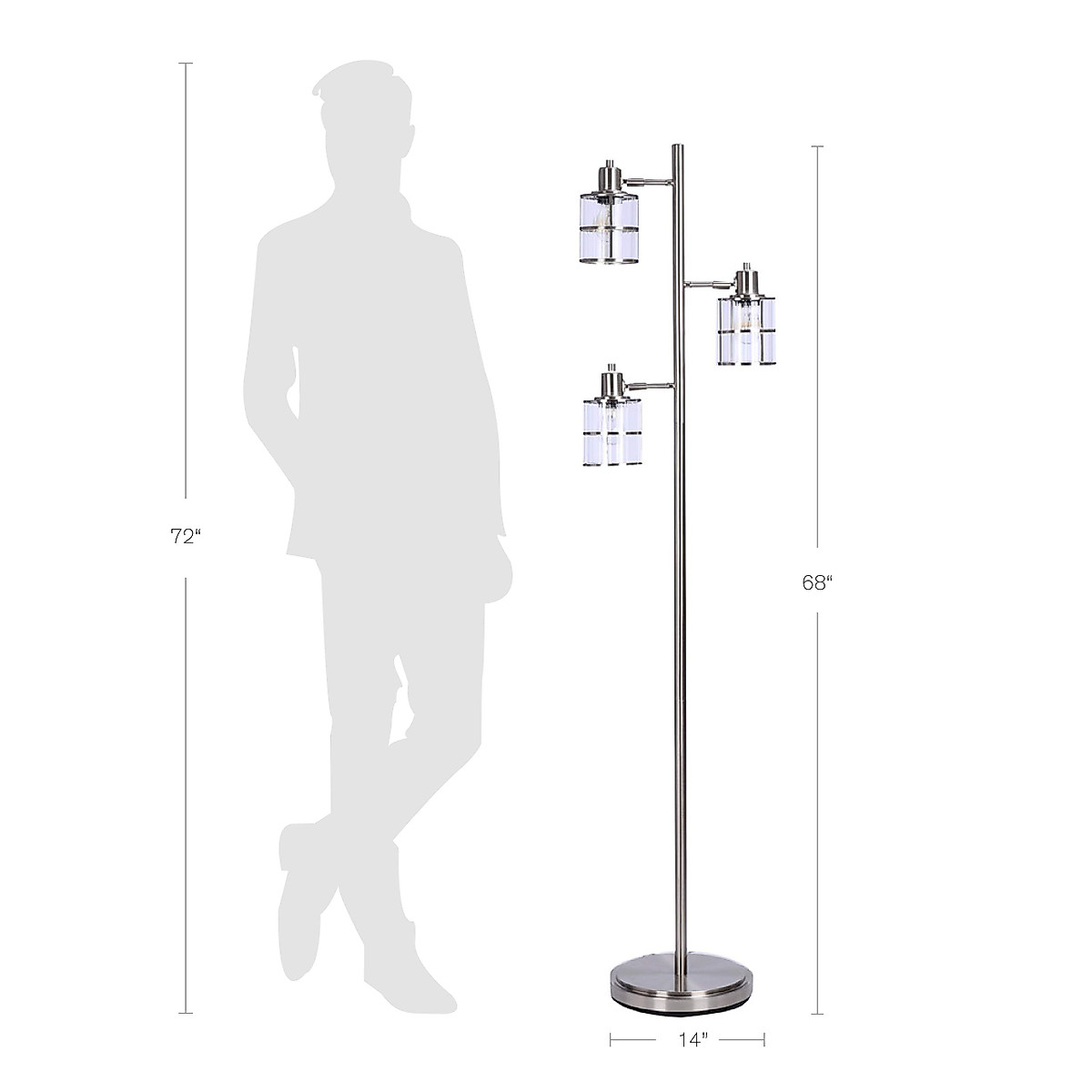 Catalina Lighting 20442-000 Modern 3 Light Floor Lamp with Adjustable Ribbed Glass Shades & Reading Light, 68", Classic Brushed Nickel