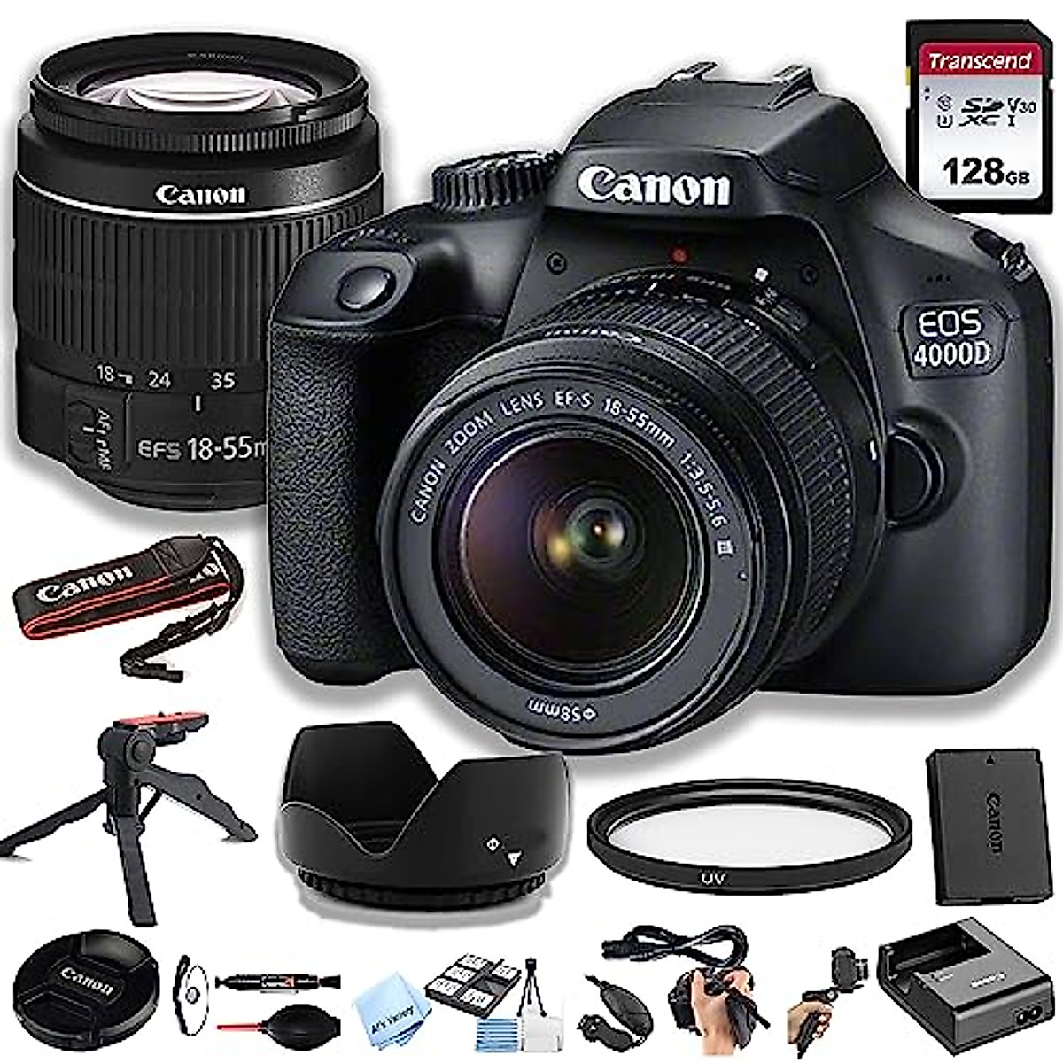 Canon 4000D (EOS Rebel T100) DSLR Camera w/EF-S 18-55mm F/3.5-5.6 Zoom Lens + 128GB Memory Card, Hood, Grip-Pod, Filter, Professional Photo Bundle(22pc)