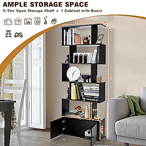 Giantex 6-Tier Bookshelf with Cabinet, Freestanding Tall Bookcase w/Anti-Tipping Device, Home Storage Organizer, Geometric S-Shaped Display Shelf for Study Room, Bedroom, Living Room, Office, Black