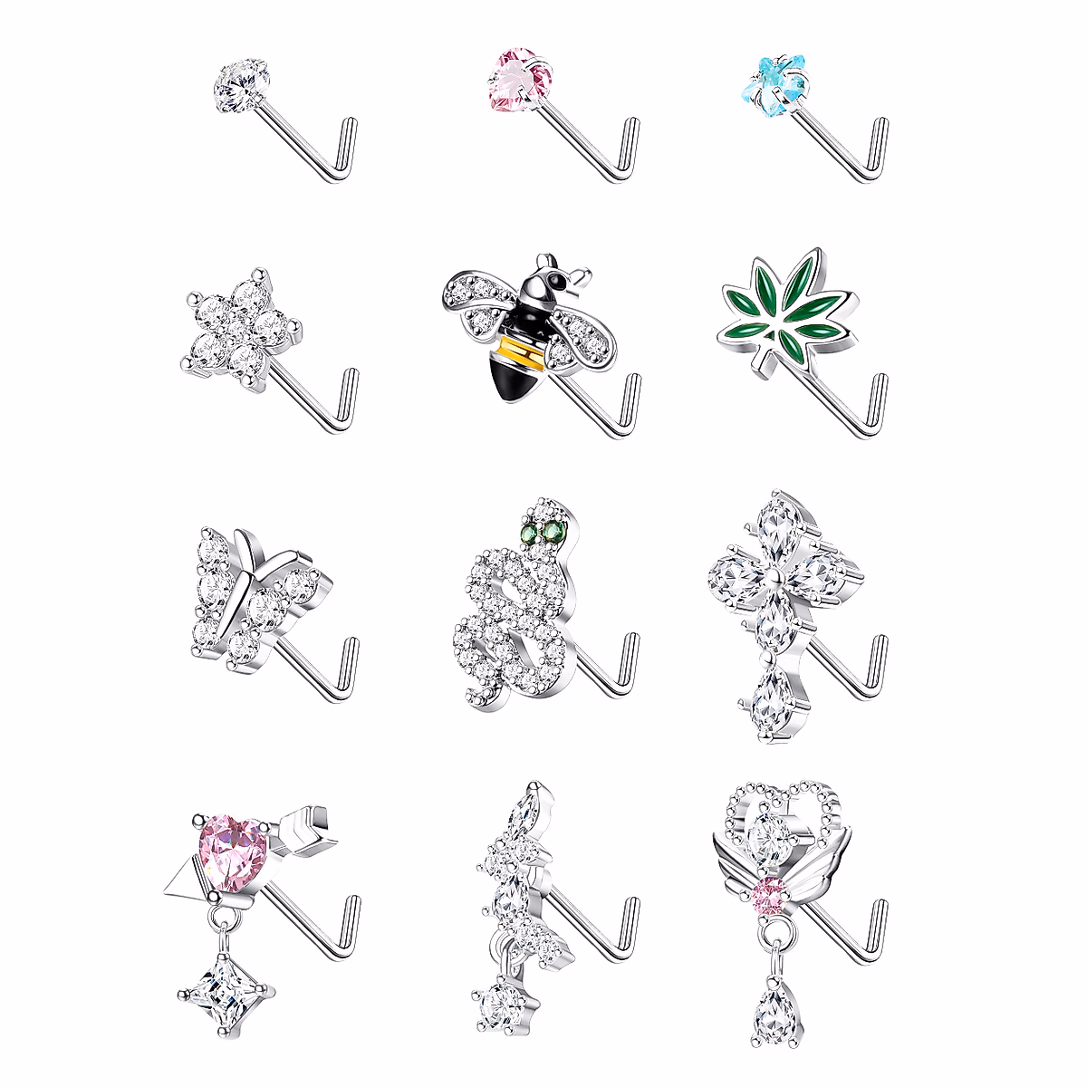 Drperfect 12Pcs 20G Nose Rings Studs L Shaped Dangle Nose Rings for Women Stainless Steel CZ Heart Snake Flower Butterfly Assorted Nose Nostrial Piercing Jewelry