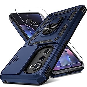Motorola Moto Edge 2022 Case Built in Slide Camera Cover and Screen Protector [Not for Edge Plus],Heavy Duty Shockproof Full Body Phone Cover,Built in Finger Ring Stable Holder Kickstand,2022 Blue