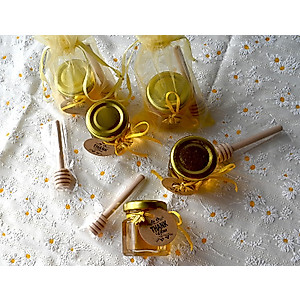 DnayDkiy 60-Count Mini Hexagonal Glass Honey Jars with Dippers - Perfect Party Favors for Baby Showers - Includes Gold Bee Charms, Thank You Cards, Stickers, Gift Bags, and Silk Ribbon