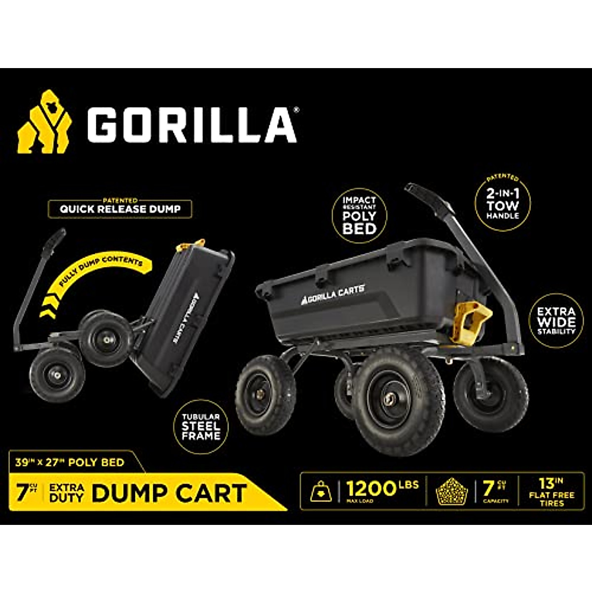 Gorilla Carts 7GCG-NF 7 Cu. Ft. Heavy-Duty Poly Garden Dump Cart with No-Flat Tires, Black (Amazon Exclusive)