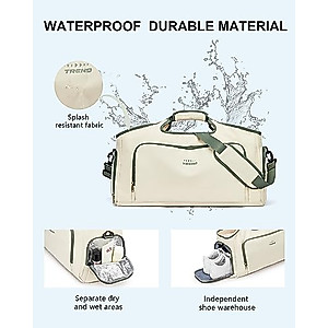 Gym Bag Weekender Bag for Women Travel Bag Duffel Bags for Traveling Carry On Bag Large Sports Yoga Mat Bag Shoulder Bag Overnight Workout Bag with Shoe Compartment Wet Pocket for Men(Beige)