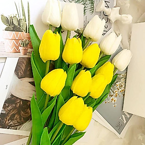 BOMJJOR 20 Heads Tulips Artificial Flowers Real Touch Tulips Silk Artificial Tulips Flower Bouquet for Room Centerpiece Party Wedding Office Garden Home Decor 13.4" Authentic PU Tulips (Yellow)