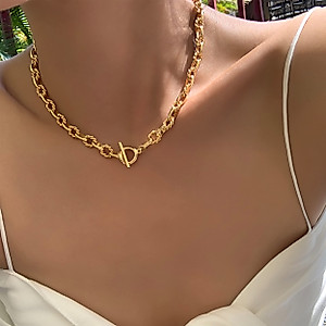 BAMERAL Chunky Gold Chain Necklace for Women 18K Gold Plated Twisted Oval Link Chain Choker Toggle Clasp Necklace for Women Jewelry