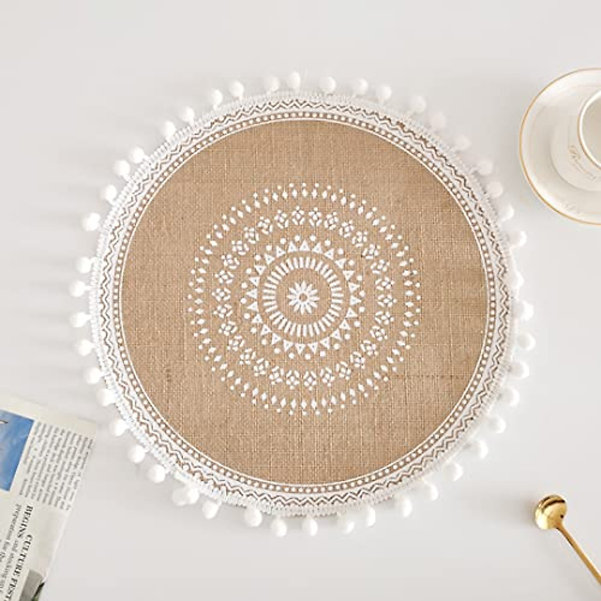 2 Pcs Boho Round Place Mats with Pompom Woven Jute Placemats Rustic Macrame Coasters for Dining Room Kitchen Table Decor Style 6