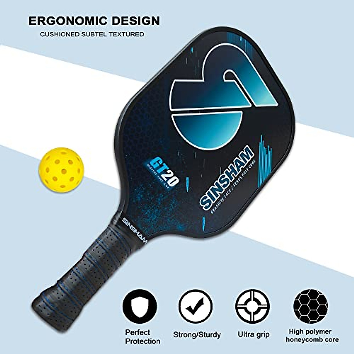 SINSHAM Pickleball Paddles,Pickleball Paddles Set of 2,Graphite Surface,Polypropylene Honeycomb Core,Cushion Grip,Lightweight Pickleball,1 Portable Drawstring Bag,2 Balls,2 Replacement Soft Grips