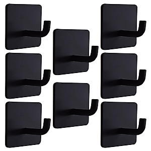 Yukrilt Wall Hooks Black Adhesive Hooks - 8 Pack 15lb(Max) Sticky Hooks for Hanging, Waterproof Removable Stainless Steel Hook, Bathroom Kitchen Heavy Duty Self Adhesive Hooks