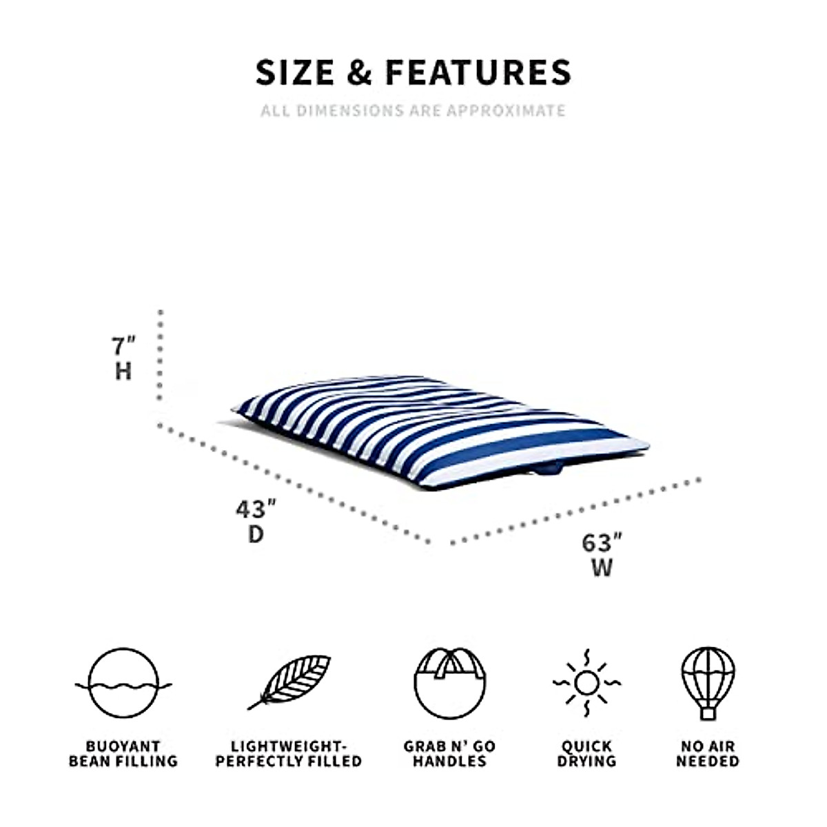 Big Joe Lagoon Lounger No Inflation Needed Pool Float, Americana Nautical Stripe Double Sided Mesh, 5ft Giant