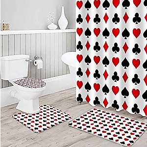 BestLives 4 Pcs Shower Curtain Sets with Rugs Poker Game Themed Non-Slip Soft Toilet Lid Cover for Bathroom Las Vegas Theme Casino Bathroom Sets with Bath Mat and 12 Hooks