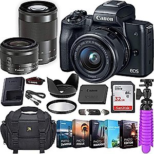 Canon EOS M50 Mirrorless Digital Camera w/ 2 Canon Lenses (15-45mm f/3.5-6.3 is STM and 55-200mm f/4.5-6.3 is STM)+ Photo/Video Editing Software & Deluxe Accessory Kit (Renewed)
