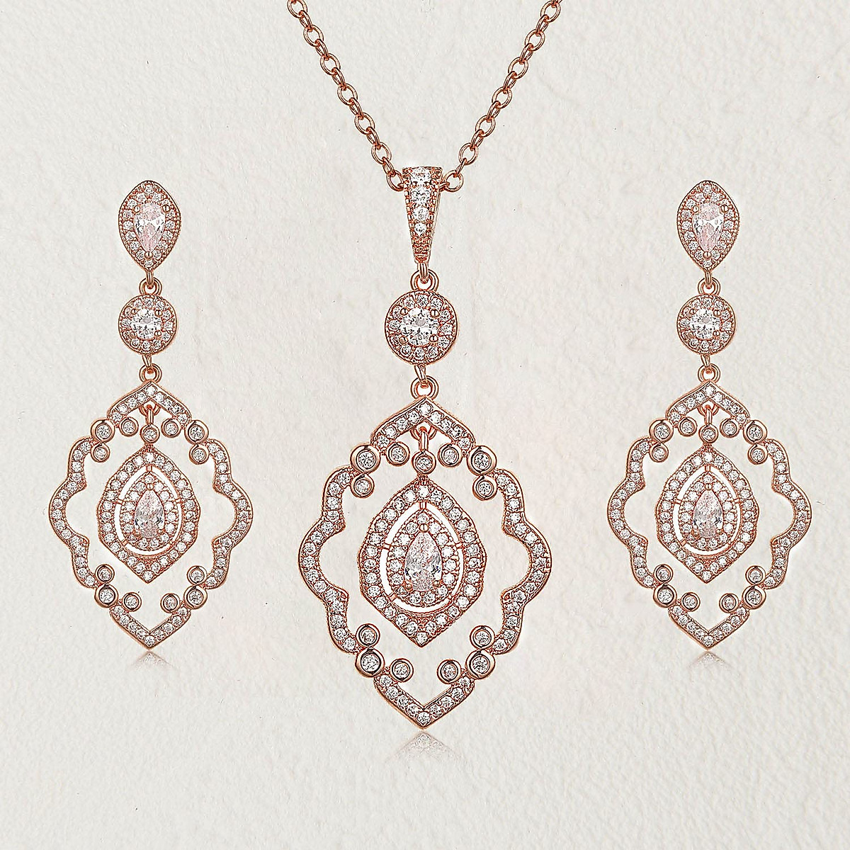 SWEETV Wedding Jewelry for Bride, Rose Gold Necklace and Earrings Jewelry Set, Bridal Jewelry Set for Wedding Party Costume