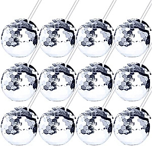 Tongnian 12 PCS Disco Ball Cups Tumbler Disco Flash Ball Cocktail Cup Silver Spherical Cup with Lid and Straw Disco Wine Glass Drinking Syrup Tea Bottle for Disco Bar Party Supplies