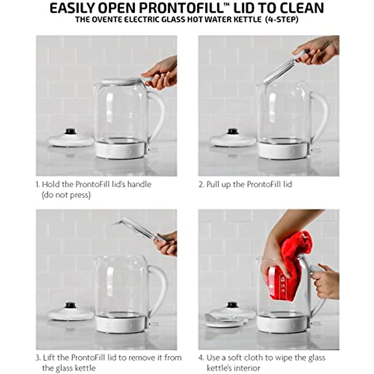 OVENTE Electric Glass Kettle 1.5 Liter 1500W Instant Hot Water Boiler Heater with ProntoFill Tech, Boil-Dry Protection, Automatic Shut Off, Fast Boiling for Tea & Coffee, White KG516W